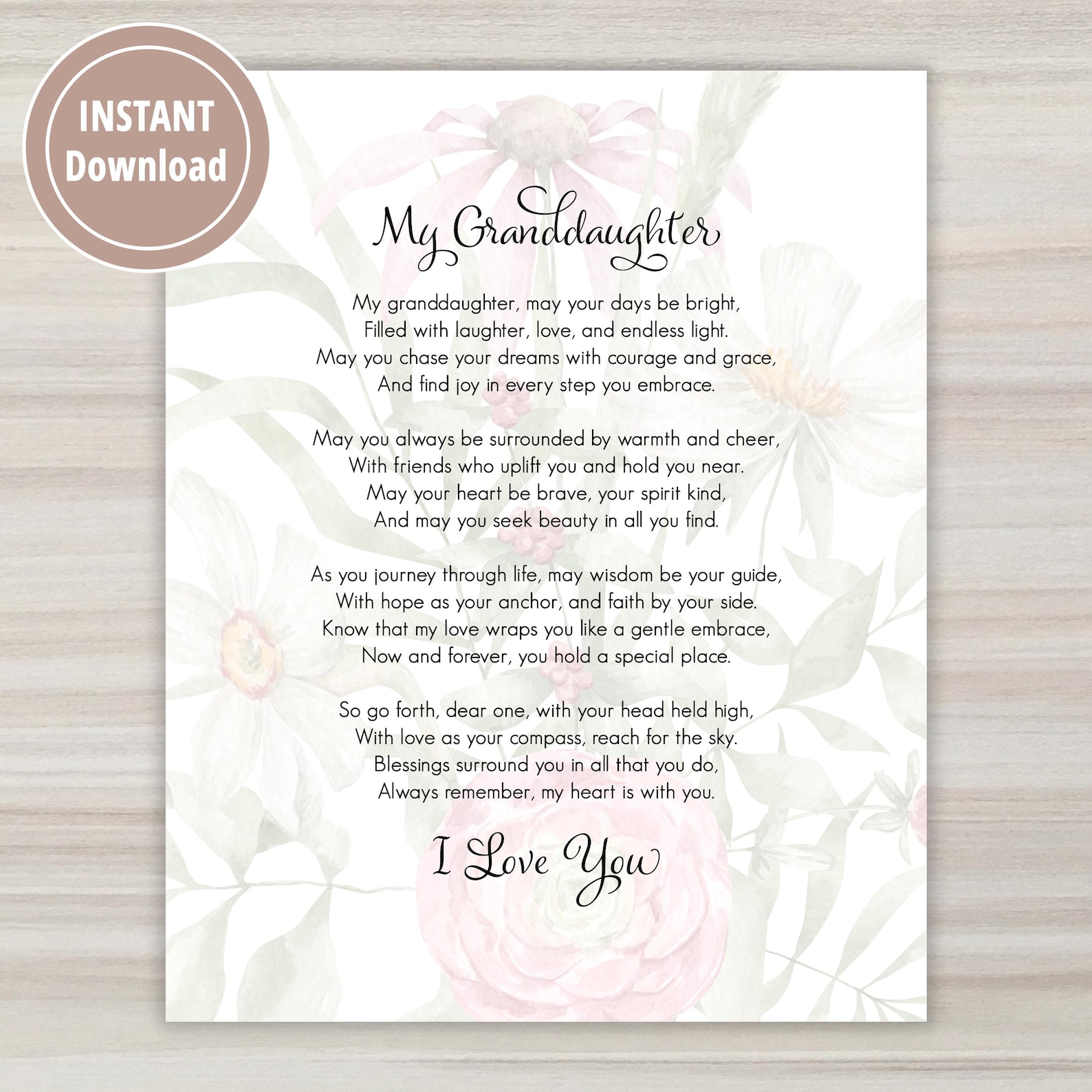 Granddaughter Poetry, Printable Wall Art for Grandchild, Poem for Girls ...