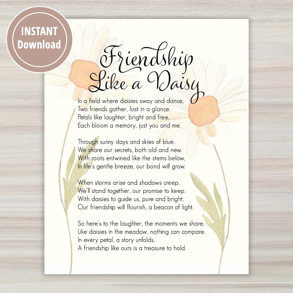 Friendship Poem Instant Download Art, Daisy Flowers Poetry PRINTABLE ...