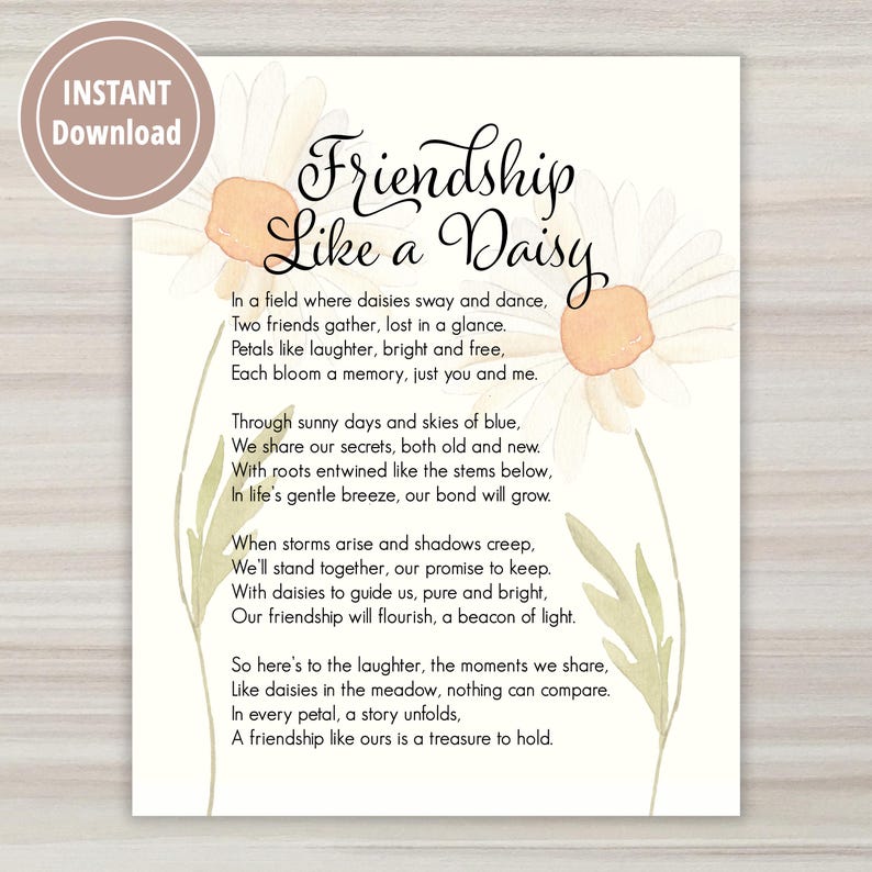 Friendship Poem Instant Download Art, Daisy Flowers Poetry PRINTABLE ...