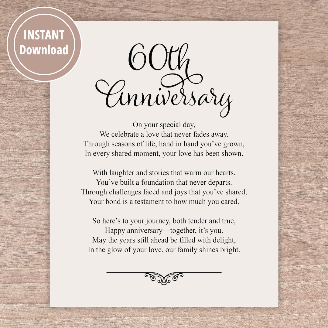 60th Anniversary Poem Printable Art, INSTANT DOWNLOAD Gift for Couple ...
