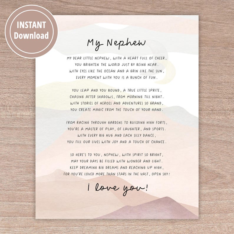 Nephew Poetry, INSTANT DOWNLOAD Printable Art for Nephew, Gift for ...