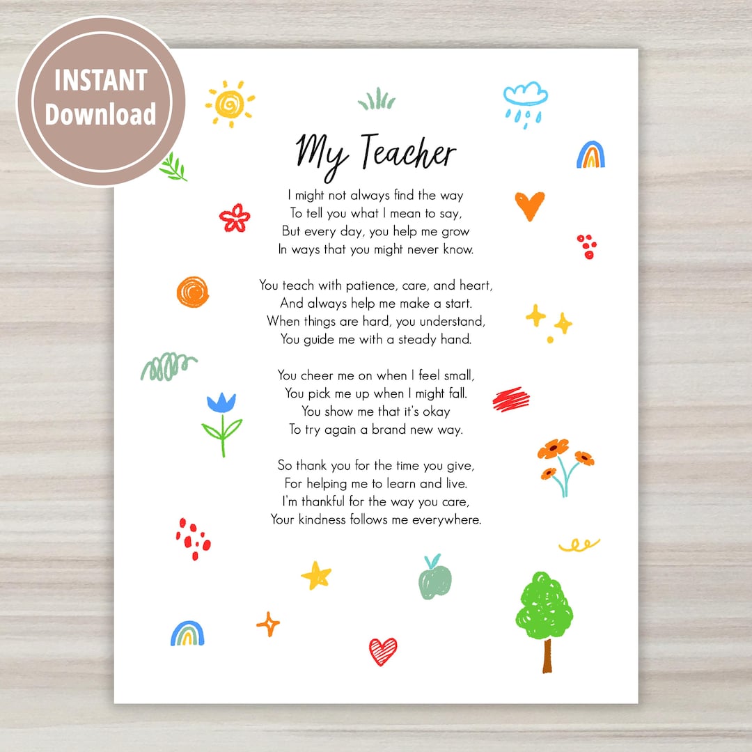 Teacher Poem Printable Art, Thank You Gift for Child's Teacher ...