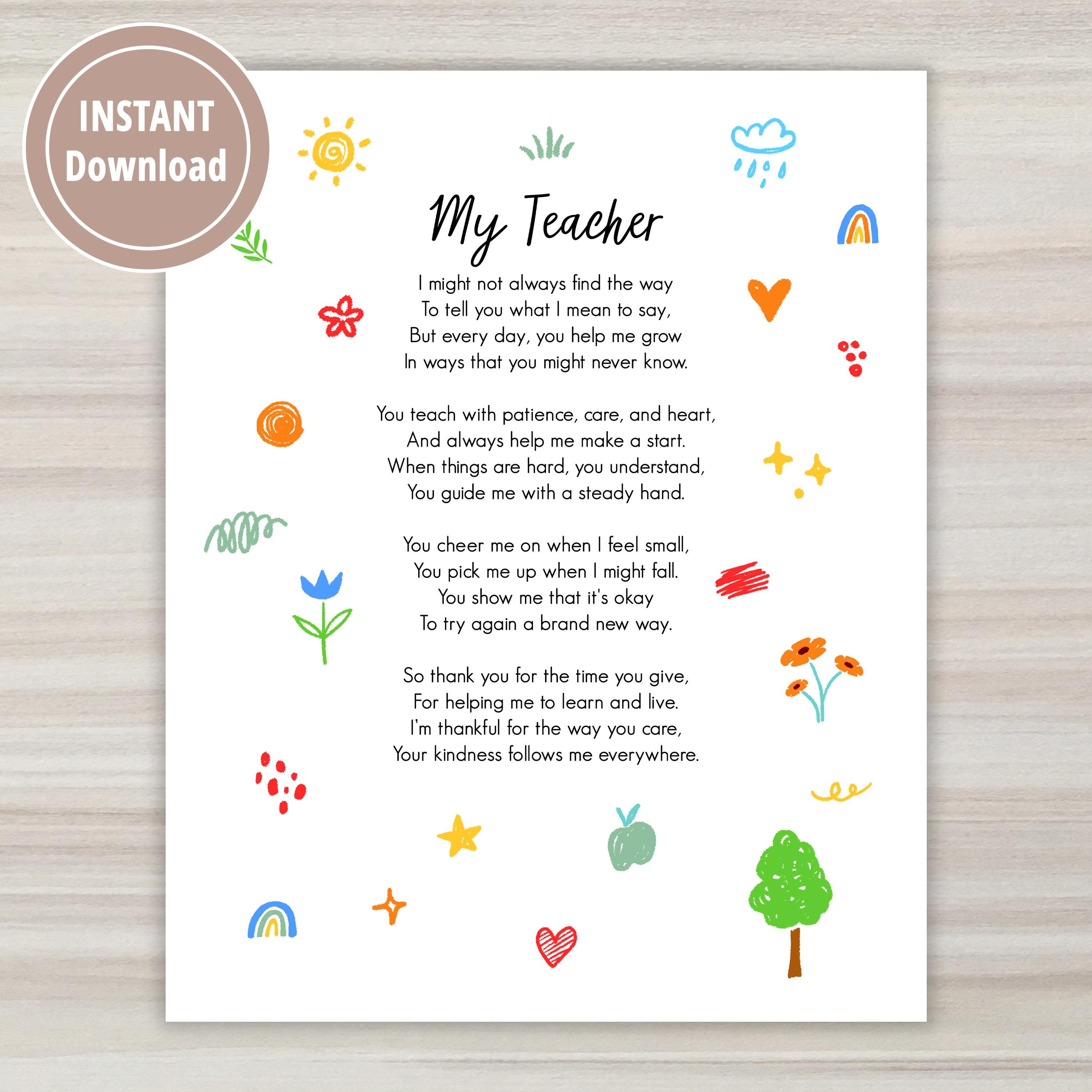 Teacher Poem Printable Art, Thank You Gift for Child's Teacher ...