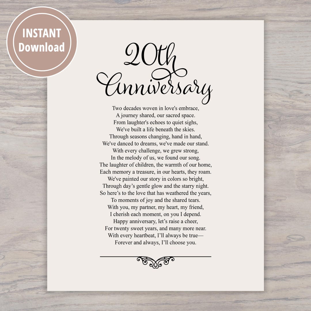 20th Anniversary Poetry, PRINTABLE Instant Download Art, Poem About 20 ...