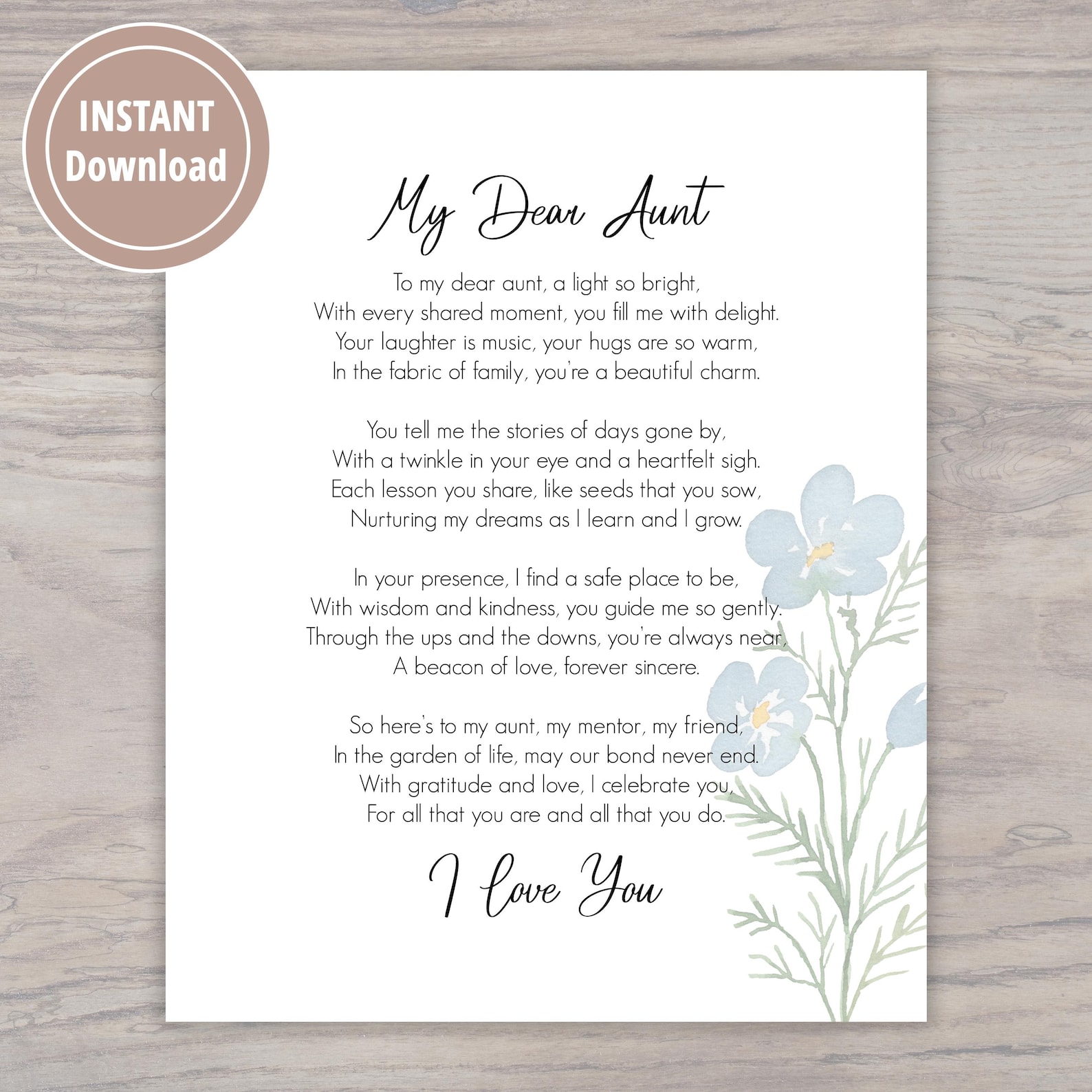 Gift for Aunt, Instant Download, Printable Poetry for Aunt From Niece ...