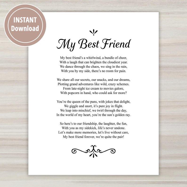 Friendship Poem, Printable Best Friend Poetry Gift, Valentines Day Gift ...