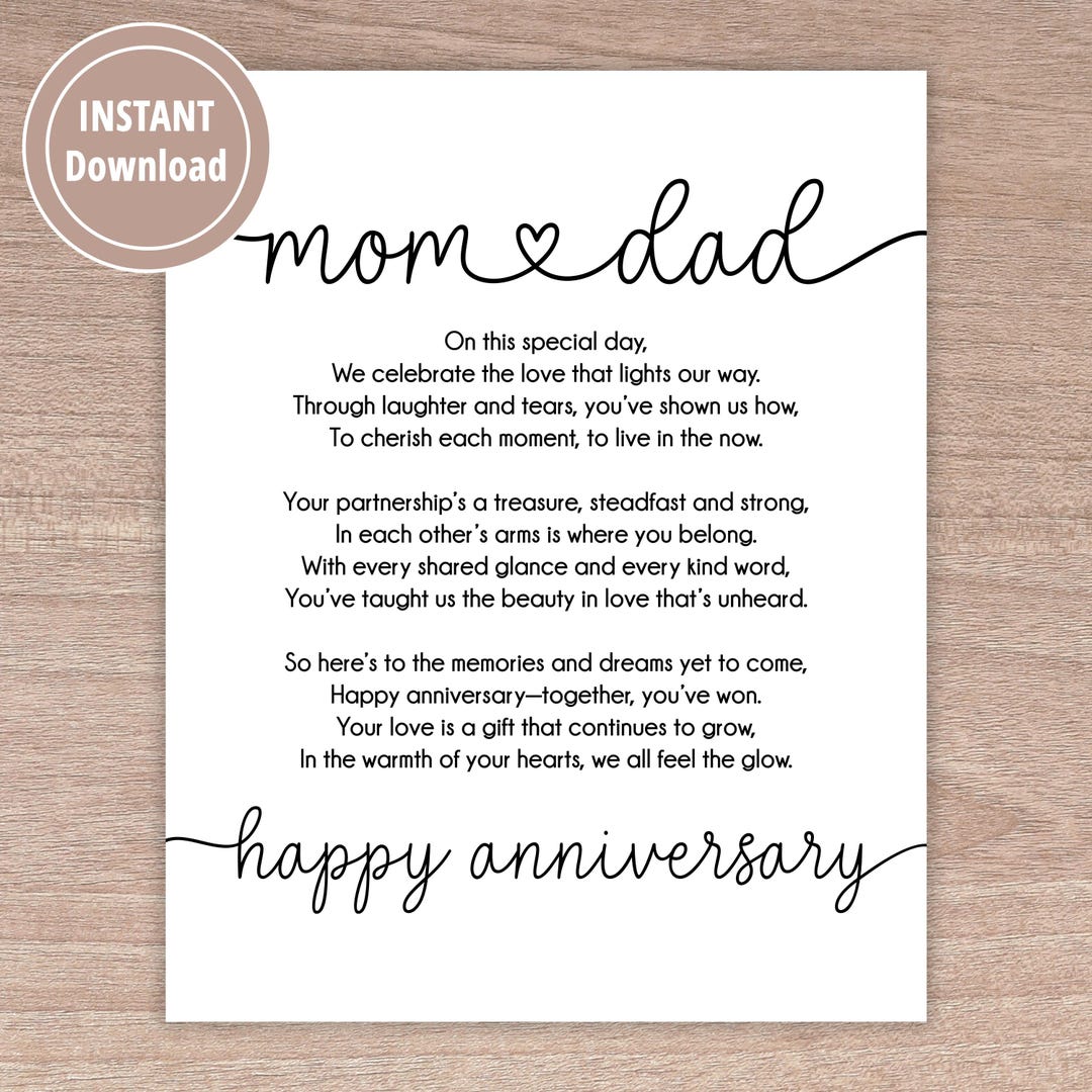 Mom and Dad Anniversary Poem, PRINTABLE DOWNLOAD, Poetry Gift for Parents Anniversary - Etsy