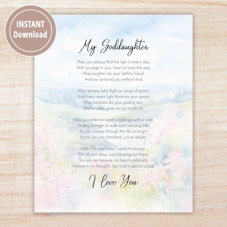 Blessing for Goddaughter, Printable Wall Art Gift for Godchild, Pastel ...