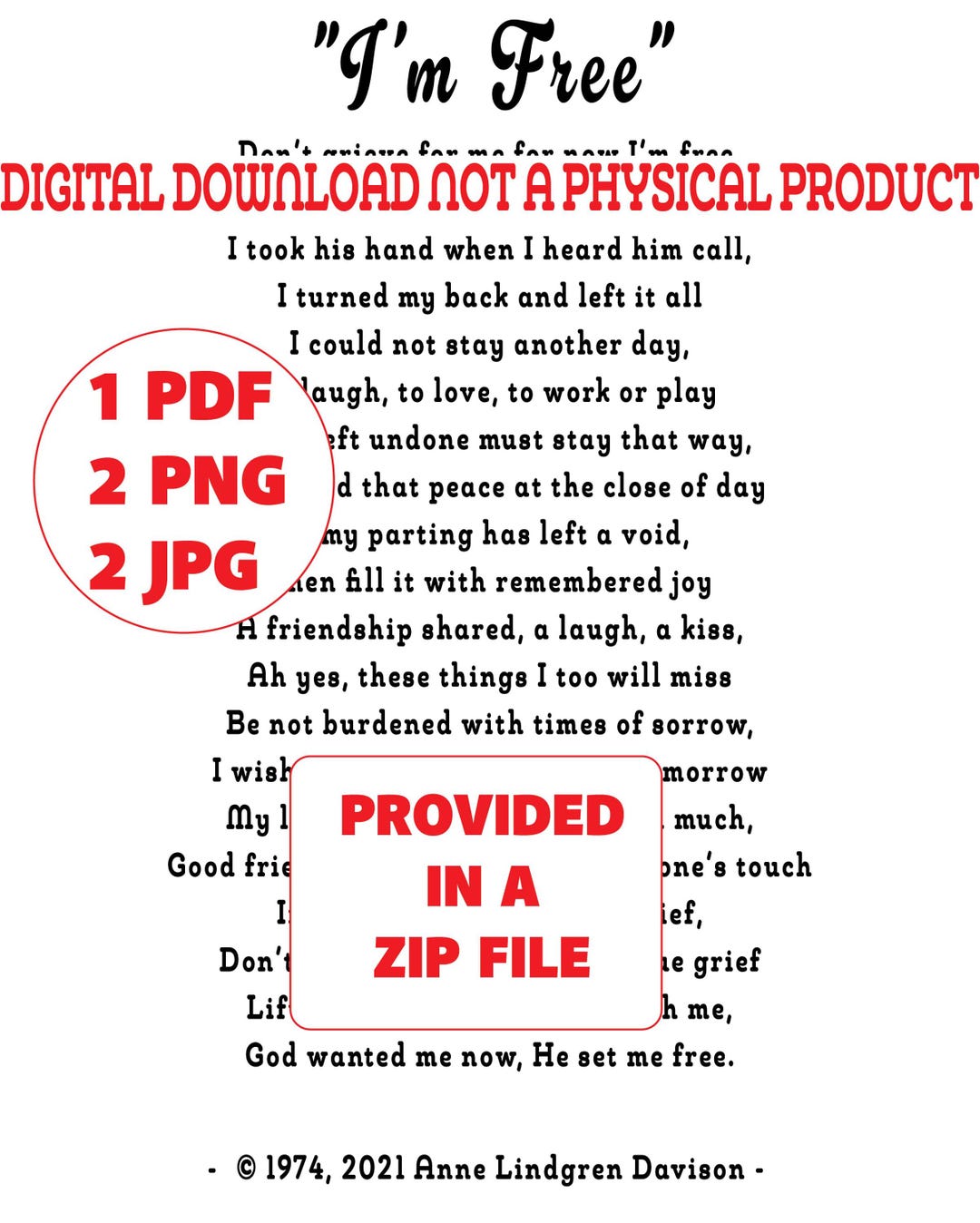 I'M FREE Poem DIGITAL Download File - Original - Grieving, Condolences, Memory, Sympathy ...