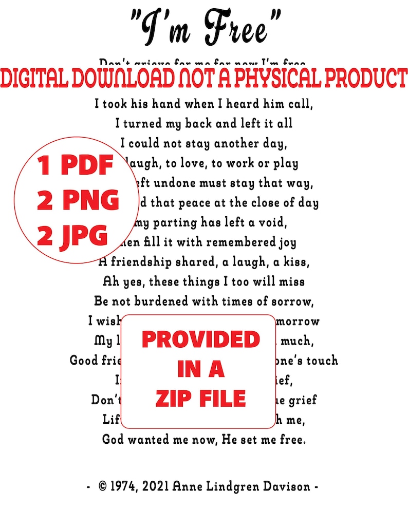 I'M FREE Poem DIGITAL Download File - Original - Grieving, Condolences ...