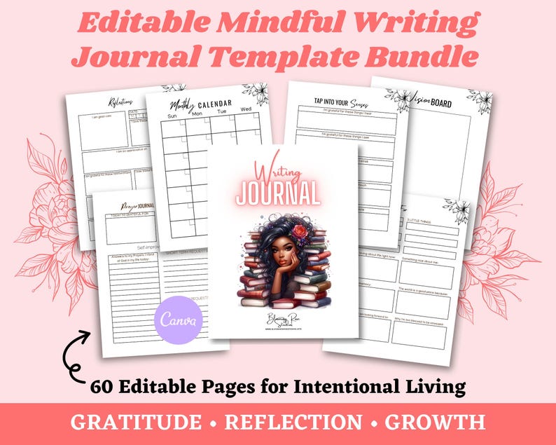 Editable Canva Mindful Journal Template for Women | 60 Page Gratitude ...