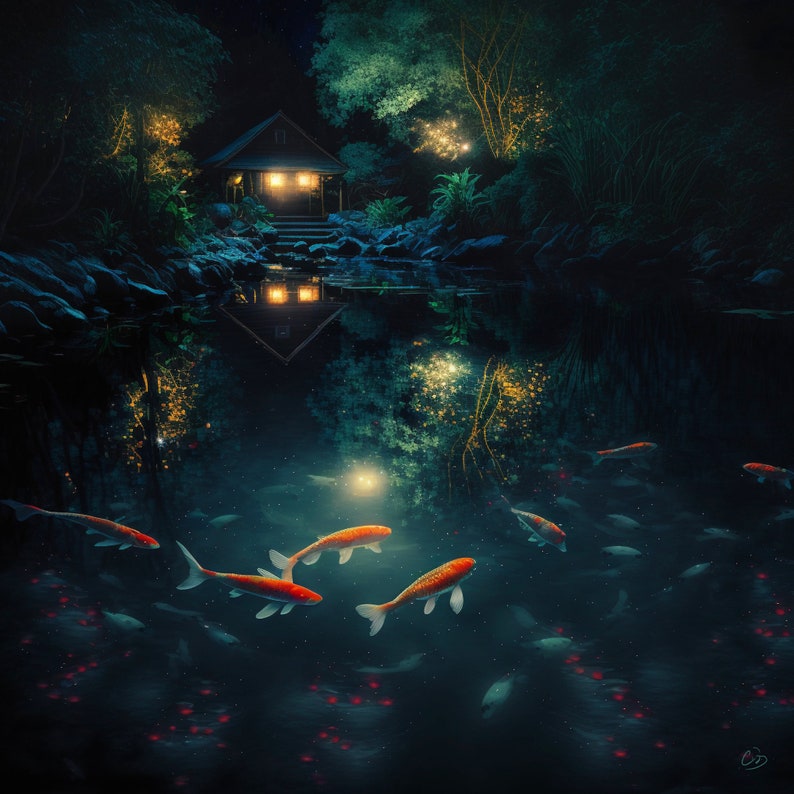 Koi Night 1 Human/ai Hybrid Art Print or Gallery Wrapped Canvas - Etsy