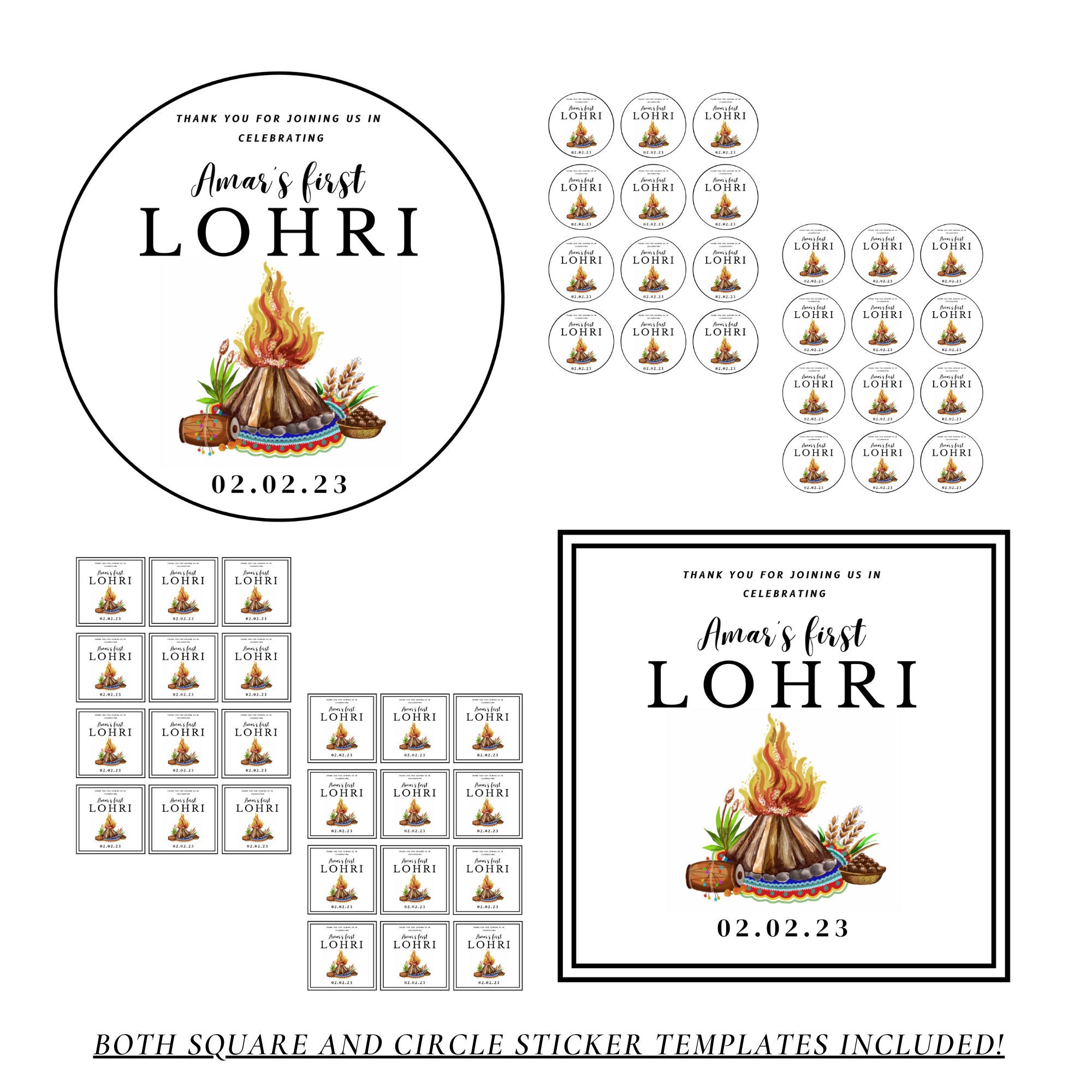Lohri Printable Stickers / Tags | Round and Square Stickers OR Tags ...