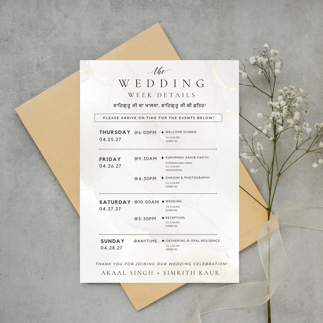 Wedding Week Itinerary | Event Schedule | Week Details | DIY, Editable ...