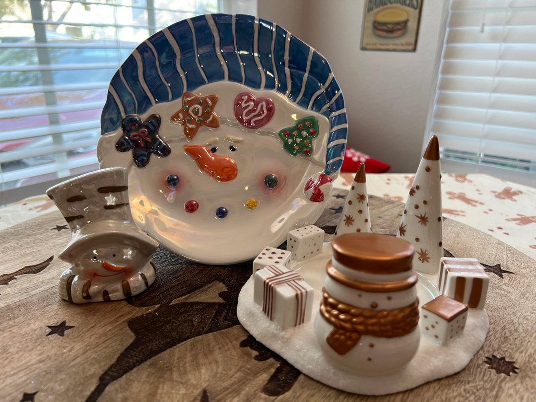 Iridescent Snowman Plate, Tea Light Holder, Gold and White Snowman ...