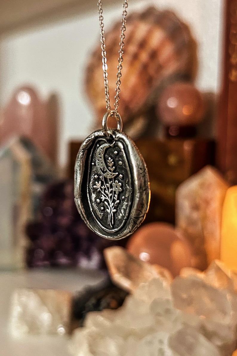 Flower Moon Wax Seal Good Luck Charm Pendant Necklace in Fine Silver - Etsy