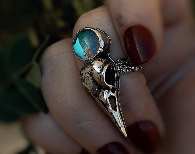 Crow Skull and Aura Glass .925 Sterling Silver Ring Size 6 - Etsy