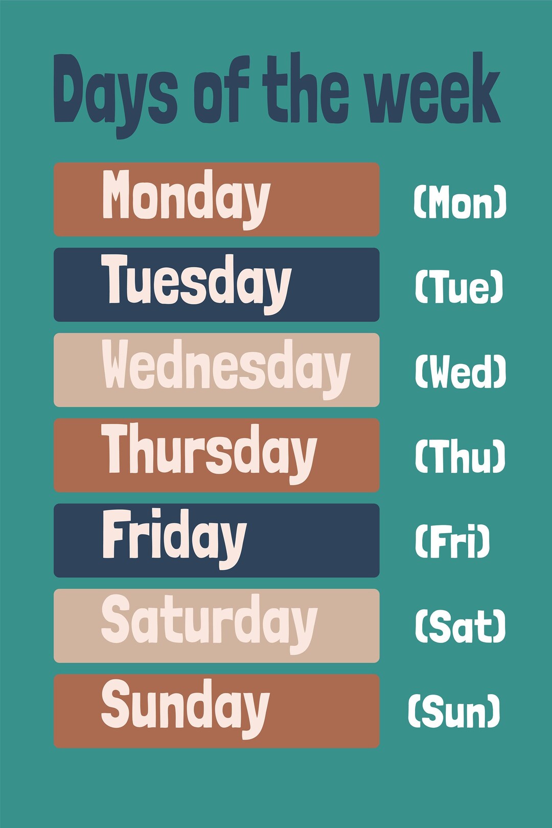 Educational Posters - Days of the Week - Coffee Color Palette - Etsy