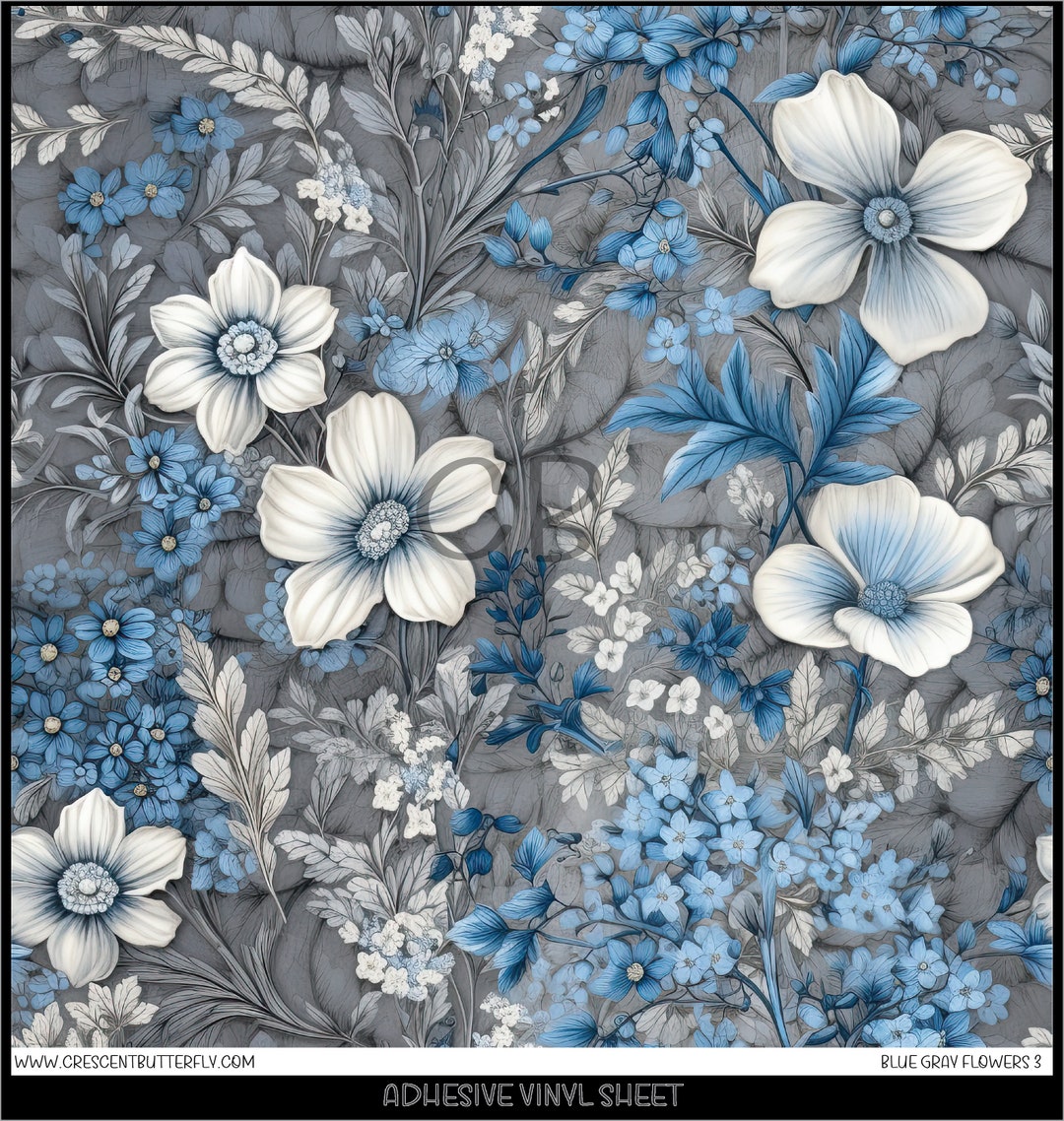 Blue Gray Flowers 3 Printed Vinyl Sheets/tumbler Wrap - Etsy