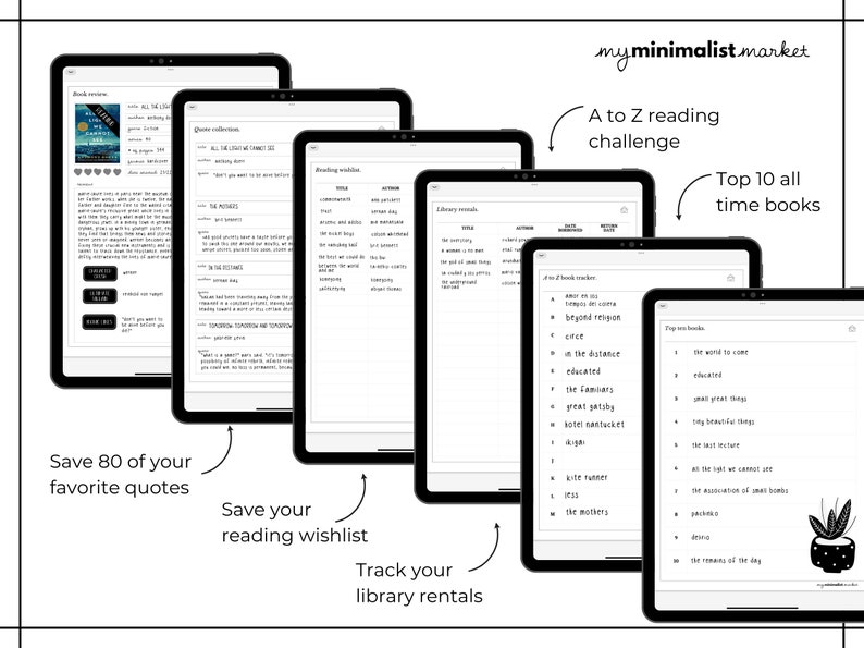 Minimalist Digital Reading Journal Log, Tracker, Book Review, Quote ...