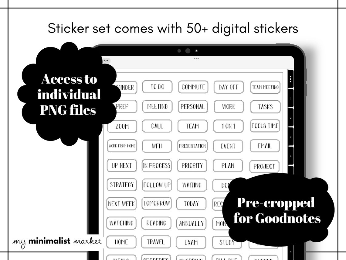 Minimalist Everyday Stickers, Work, Study & Life Labels Sticker Set, Digital Planner Stickers ...