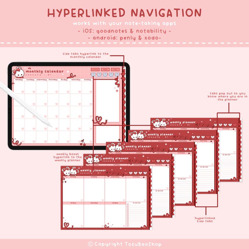 Kawaii Cherry Red Digital Planner - Undated Landscape PDF Template ...