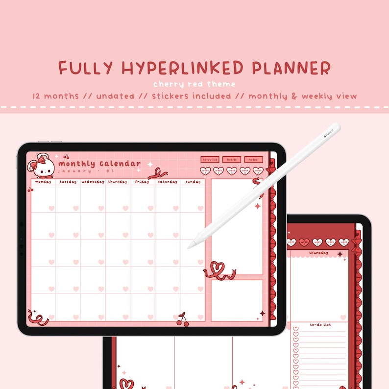 Kawaii Cherry Red Digital Planner - Undated Landscape PDF Template ...