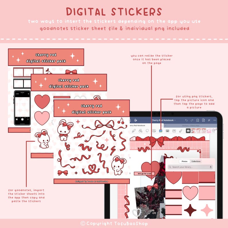 Cherry Red Cute Kawaii Digital Notebook - Hyperlinked PDF Templates for ...