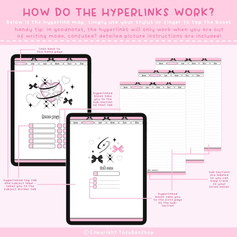Edgy Coquette Digital Notebook - Hyperlinked Tabs and Sections - White ...