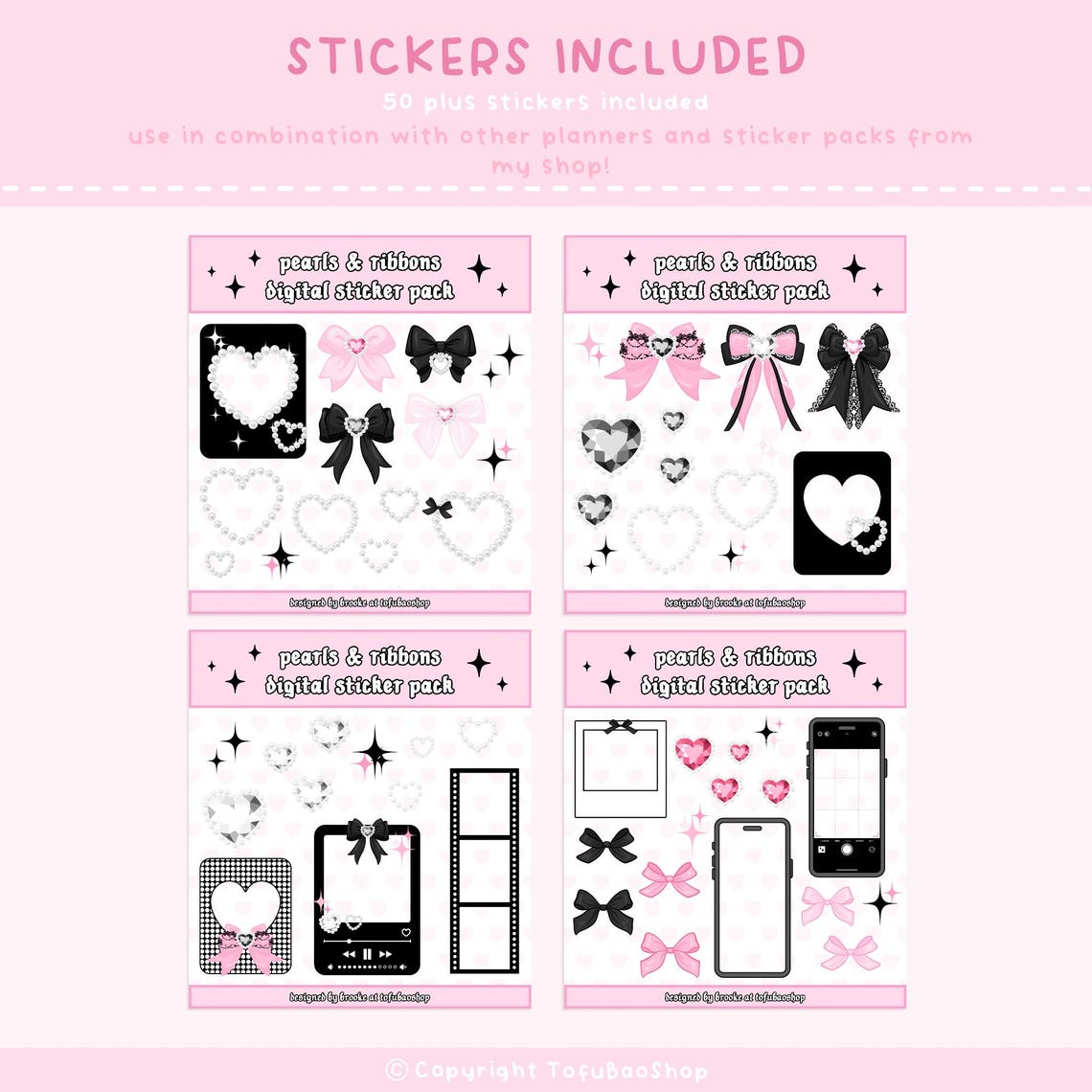 Ribbons and Pearls Digital Sticker Pack - Planner Stickers and Frames ...