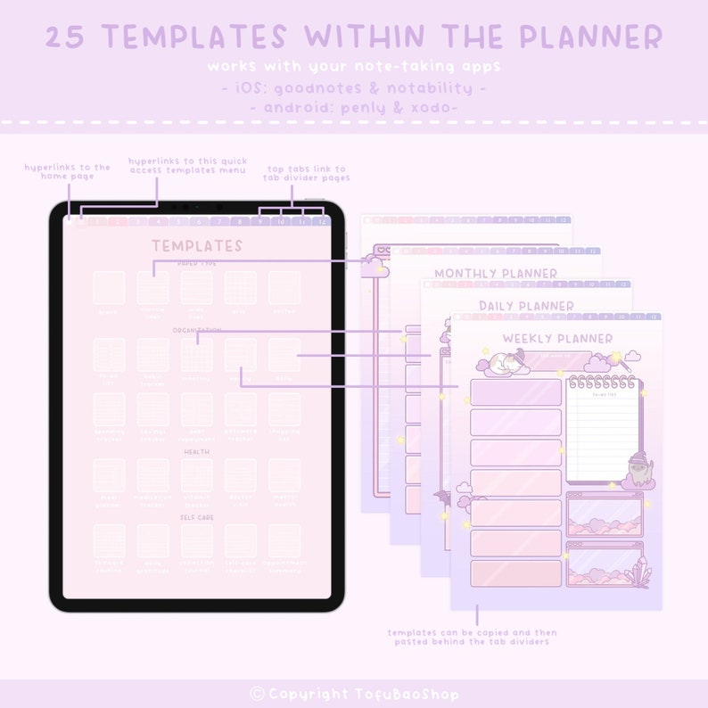 Witchy Cats Kawaii Digital Planner - Cosmic Purple Moon Aesthetic ...