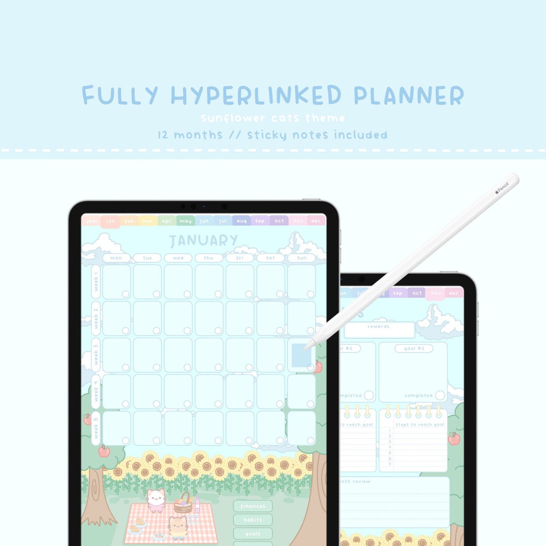 Kawaii Cat Planner, Digital Planner, Fully Hyperlinked Planner, Full ...