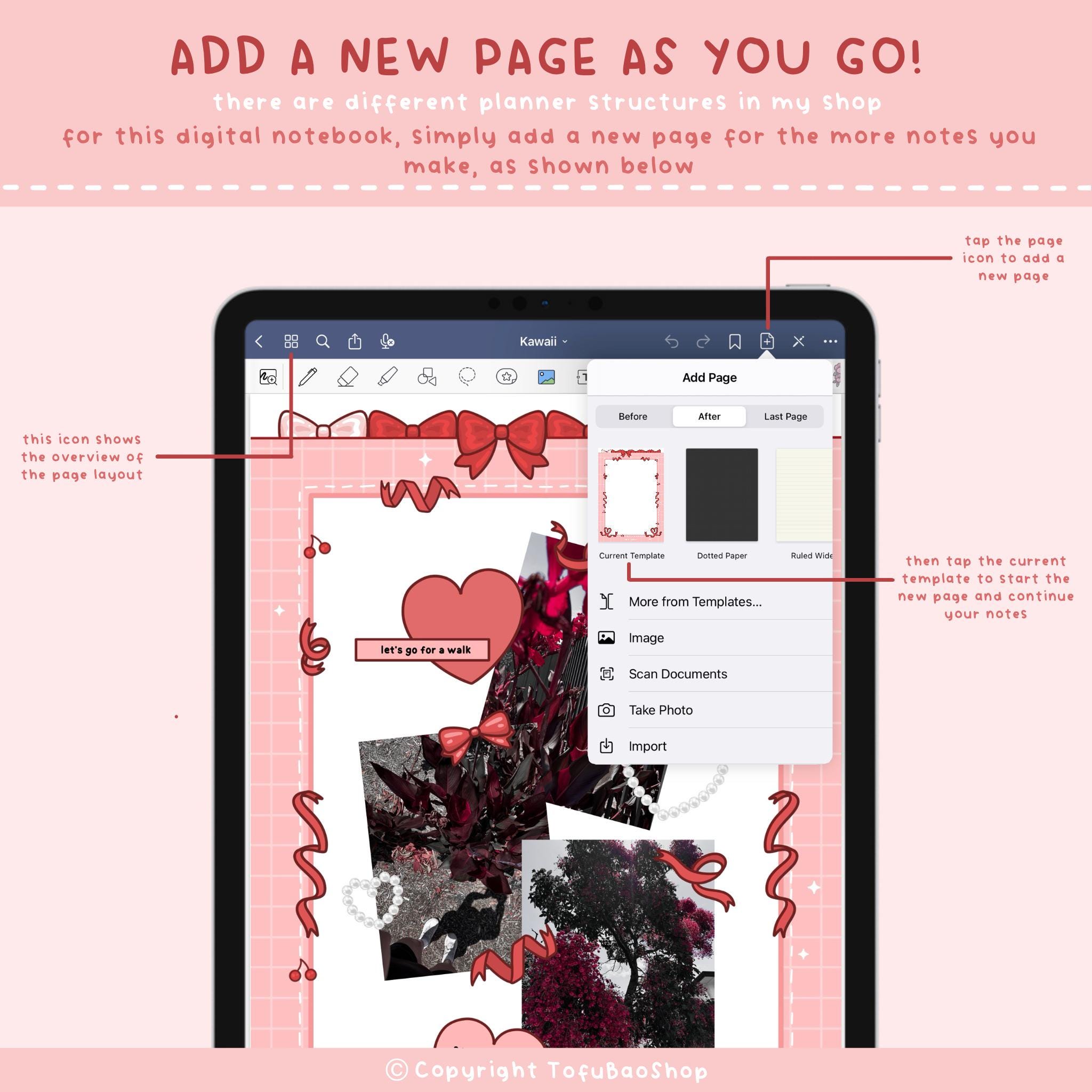 Cherry Red Cute Kawaii Digital Notebook - Hyperlinked PDF Templates for ...