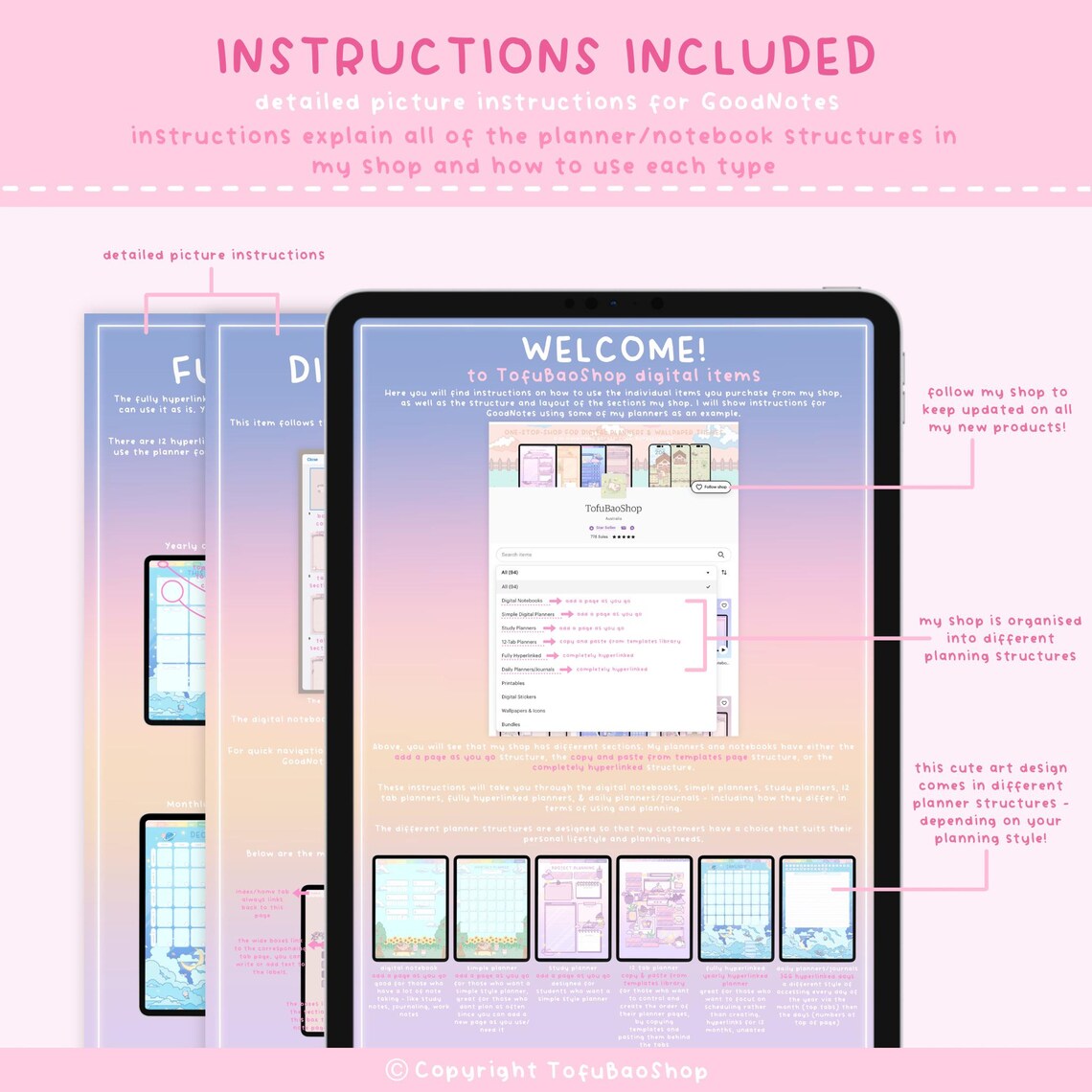 Edgy Coquette Digital Notebook - Hyperlinked Tabs and Sections - White ...
