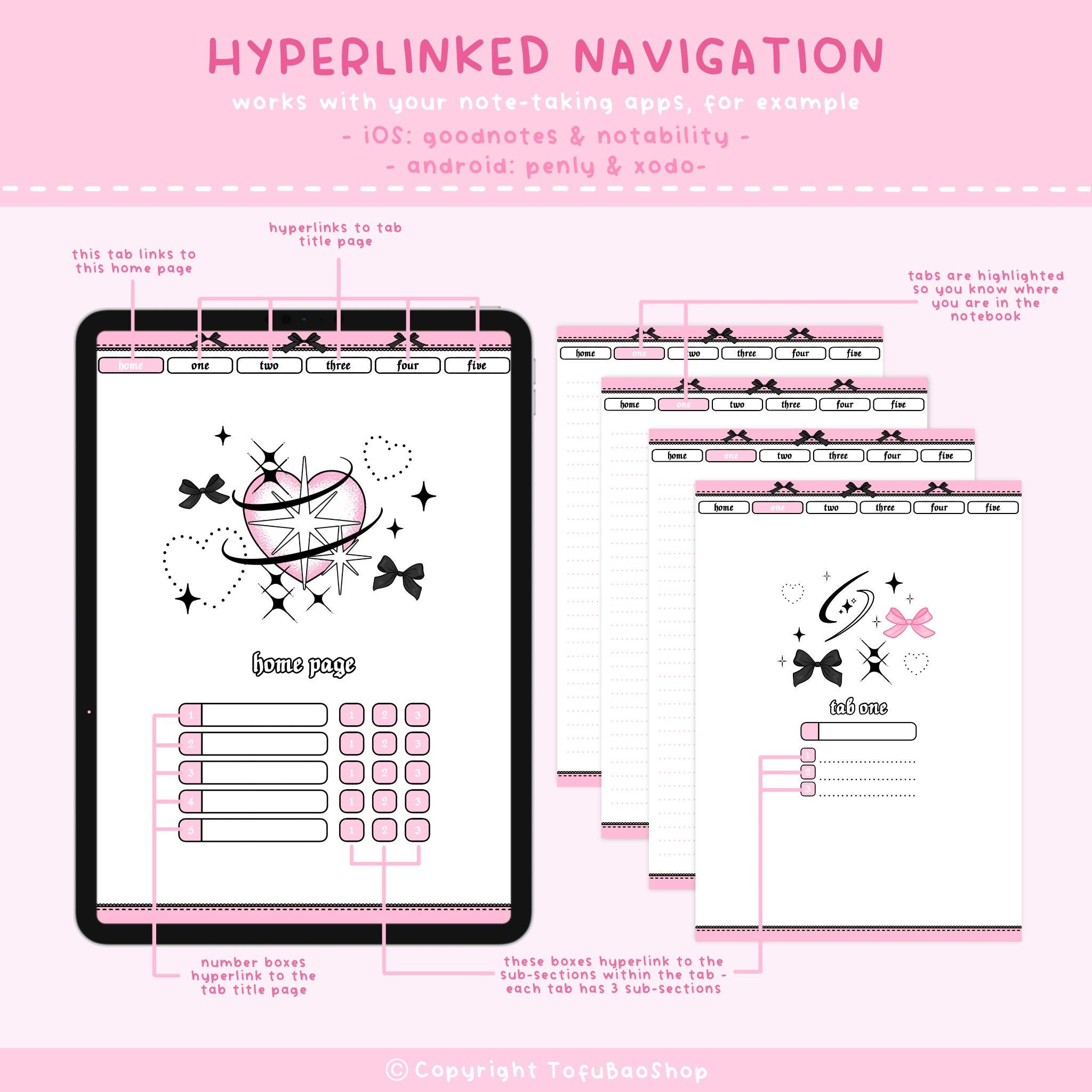 Edgy Coquette Digital Notebook - Hyperlinked Tabs and Sections - White ...