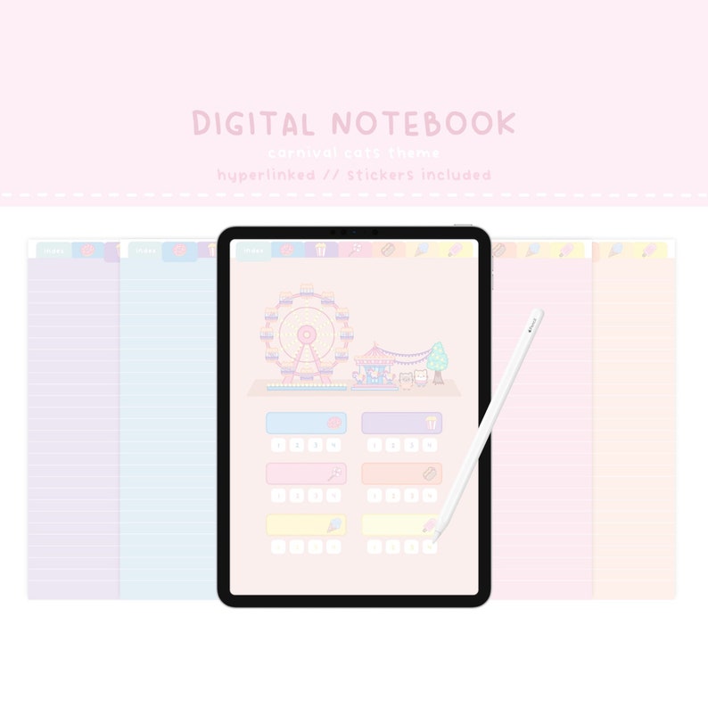 Cute Kawaii Digital Notebook - Carnival Cats Theme - Pastel PDF Planner ...