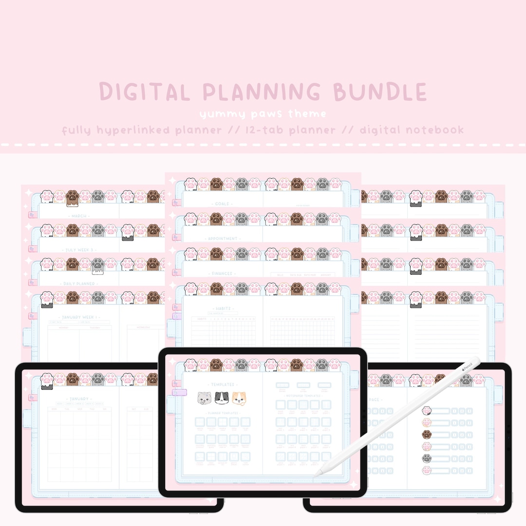 Yummy Paws BUNDLE, Digital Planner Bundle, Ultimate Digital Planner, Kawaii Planner, Digital ...