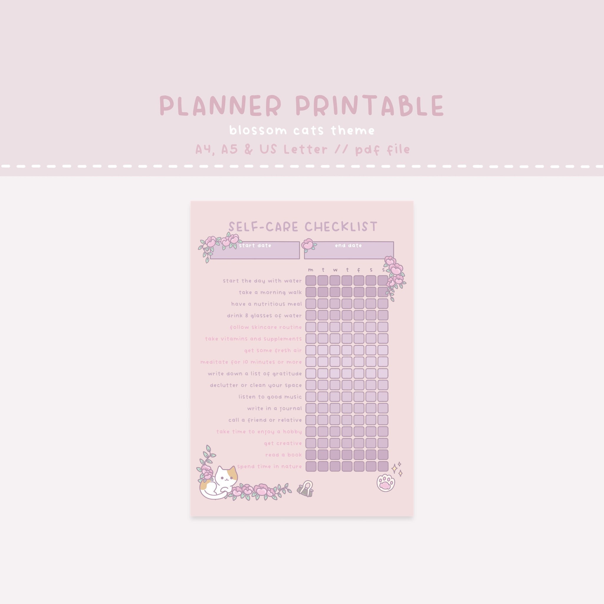 Self Care Checklist, Printable Planner Template, Kawaii Planner, Cute ...