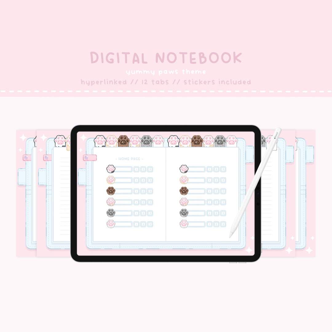 Cute Digital Notebook - Kawaii Cat Paw Tabs and Hyperlinked Subsections ...
