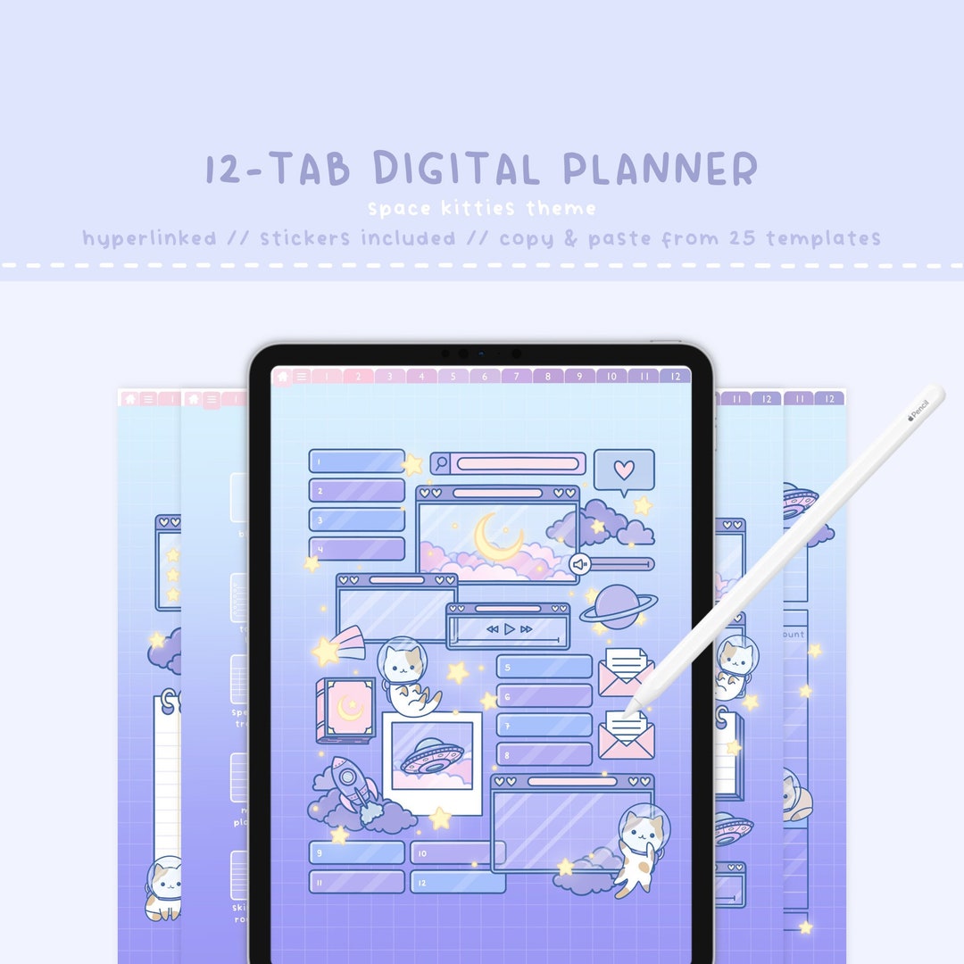 Kawaii Space Kitties Digital Planner - Hyperlinked Tabs With Templates ...