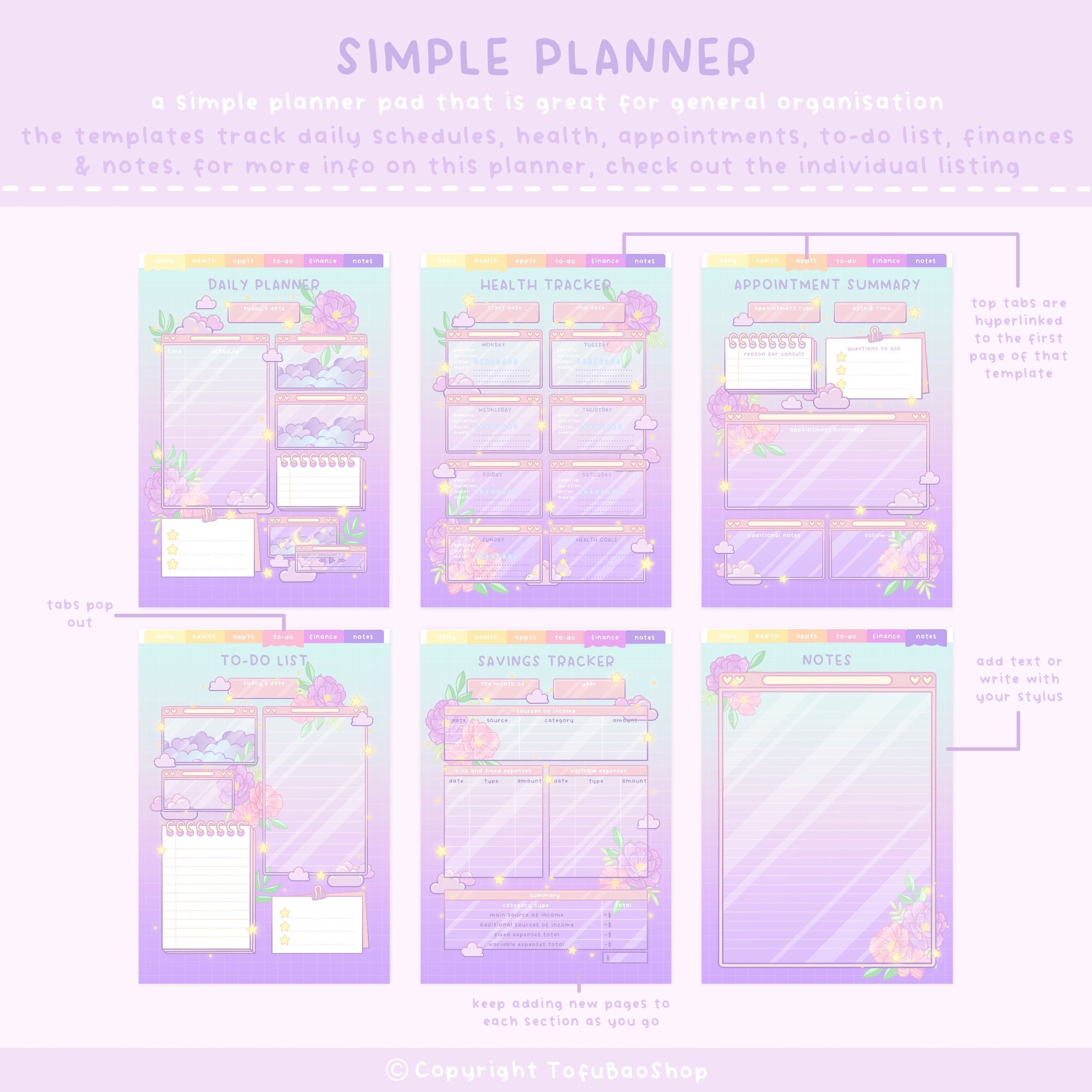 Kawaii Planner Bundle, Midnight Florals Bundle, Digital Planner Bundle ...