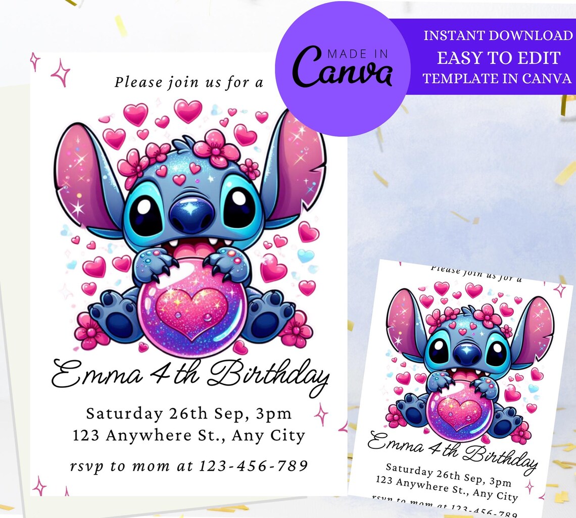 Editable Stitch Birthday Party Invitation Template, Cartoon Birthday ...