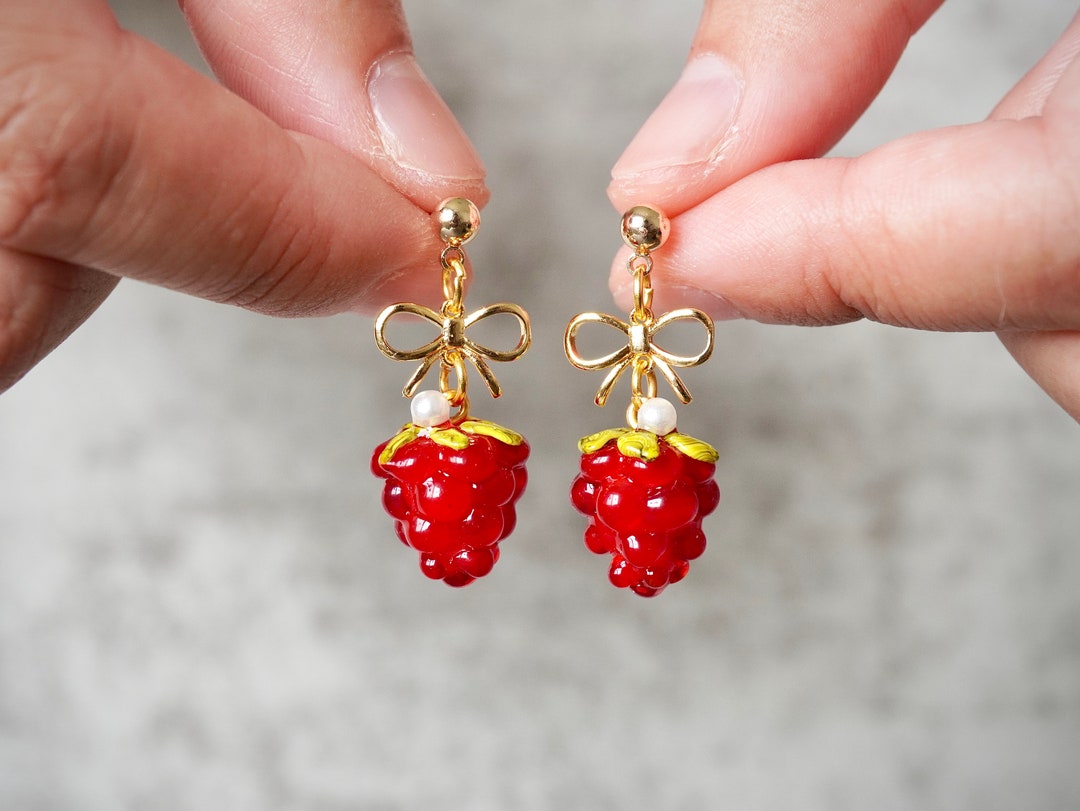 Raspberry Earrings, Cute Fruit Earrings, Minimal Summer Aesthetic ...