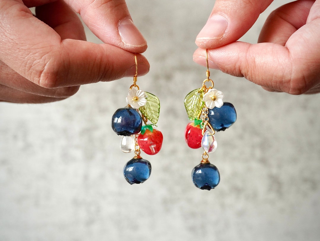 Berry Earrings, Blueberry and Strawberry Drop Earrings, Fruit Earrings ...