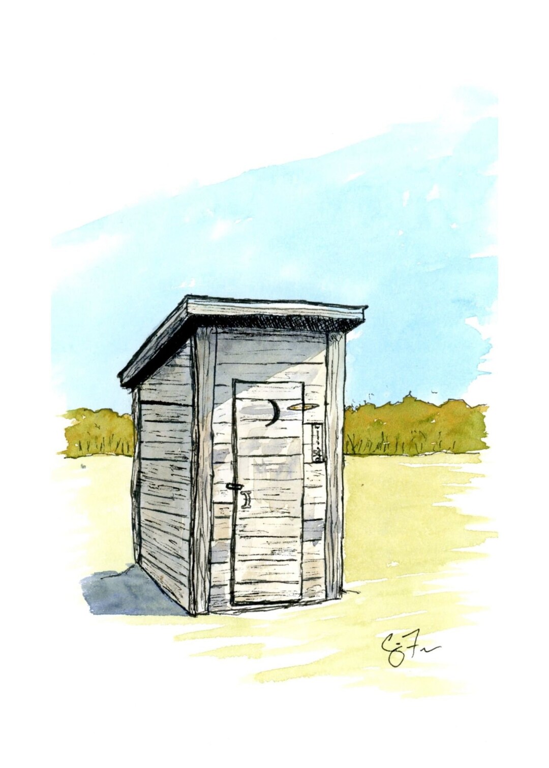 Outhouse Watercolor Line and Wash Landscape Wall Art - Etsy