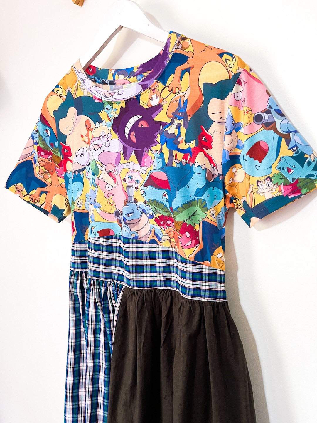 Pokémon Upcycled T Shirt Dress, Tartan Dress, Handmade Dress, Size 14 ...