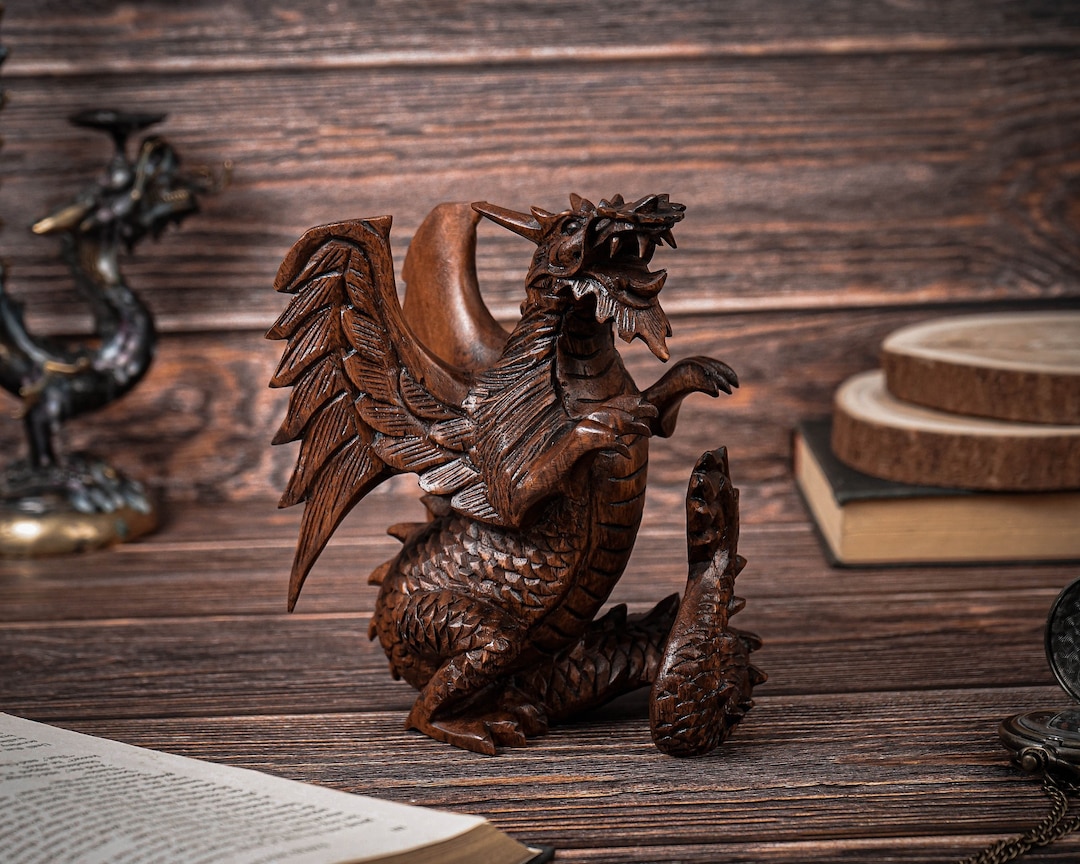 Fire Dragon Statue 6.5", Dragon Figurine, Mystical Animal, Dragon Wood ...