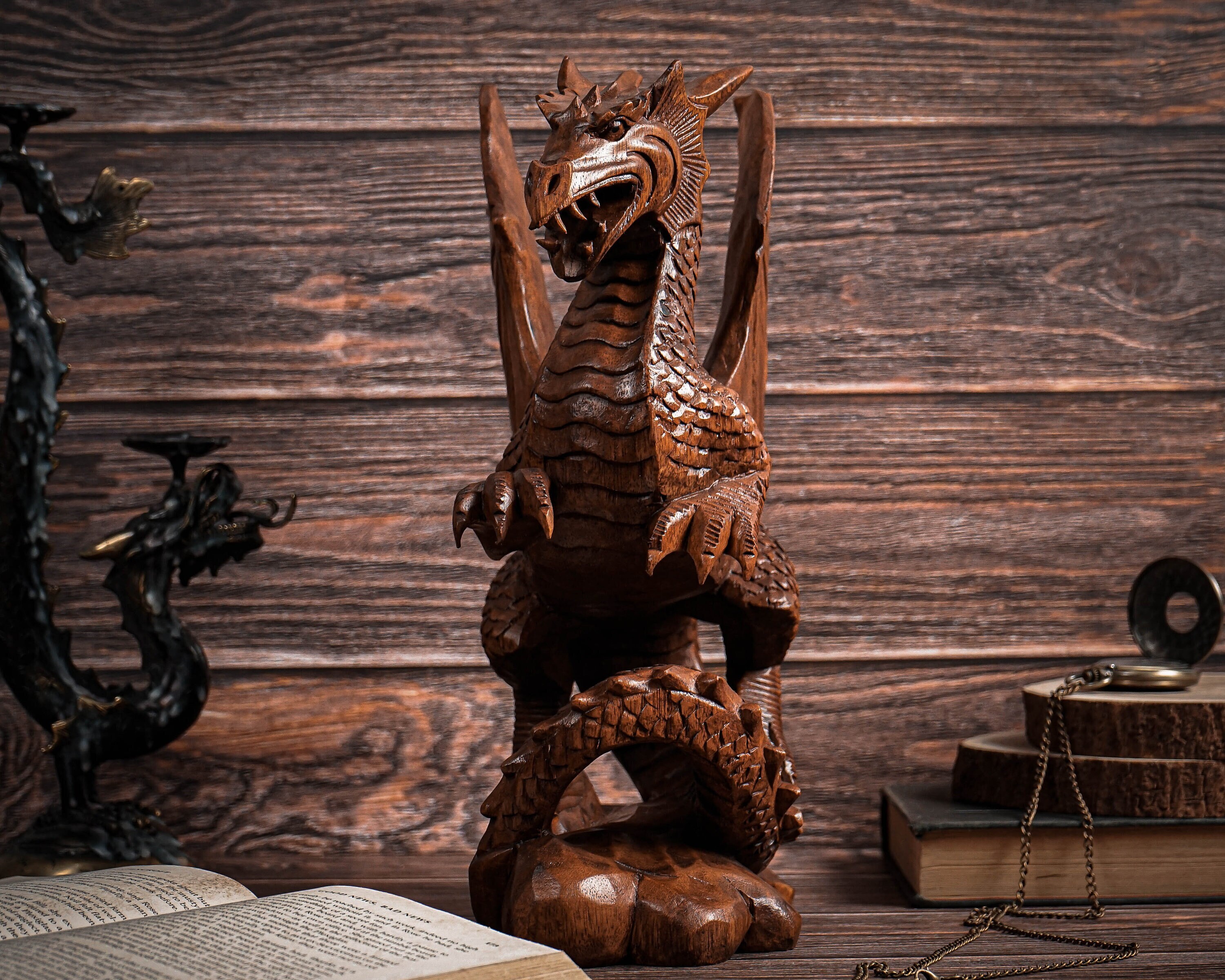 Fire Dragon Statue 12.2, Dragon Figurine, Mystical Animal, Wood Carving ...