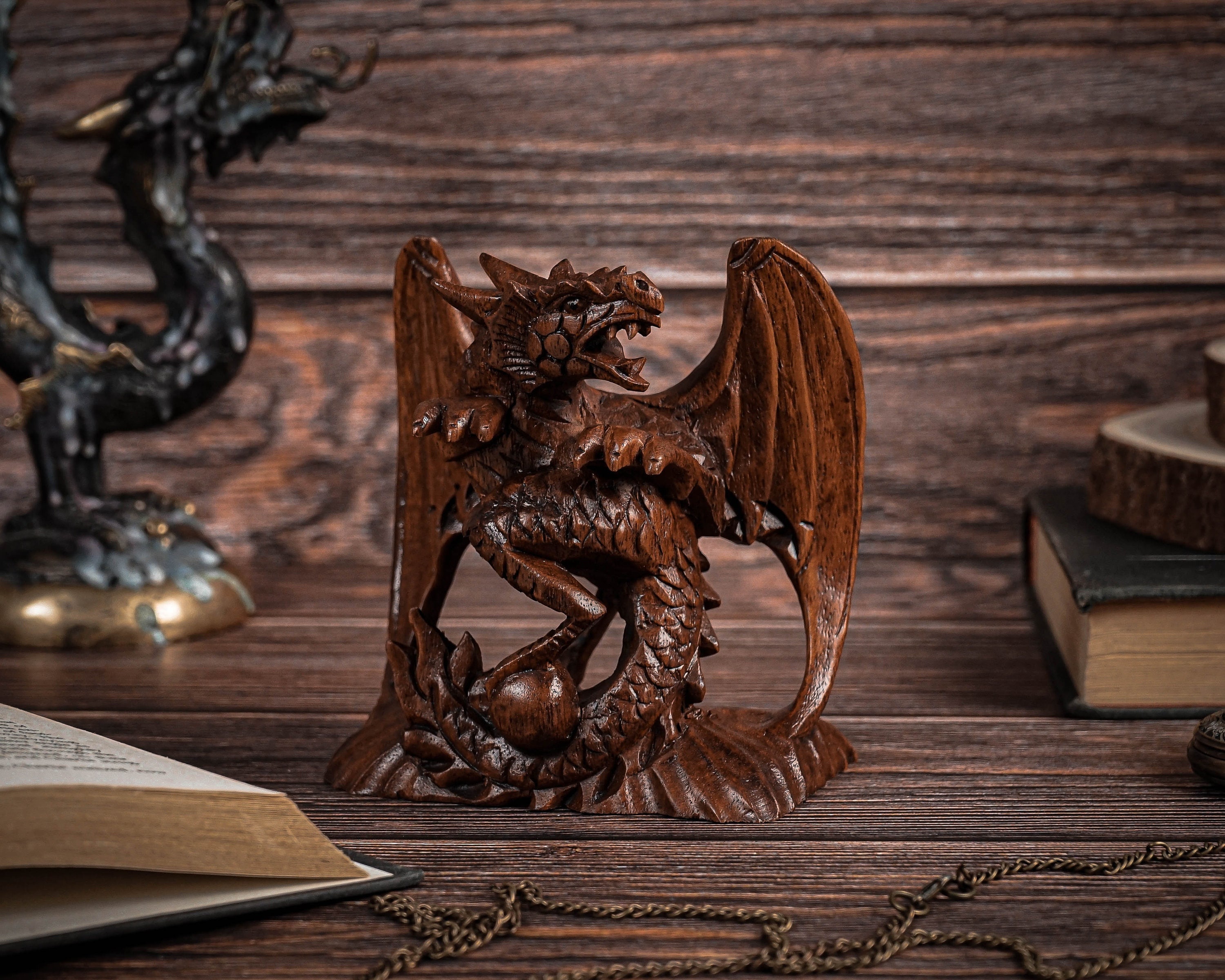 Small Dragon Statue 4.5, Mystical Animal, Wooden Dragon, Wood Carved ...