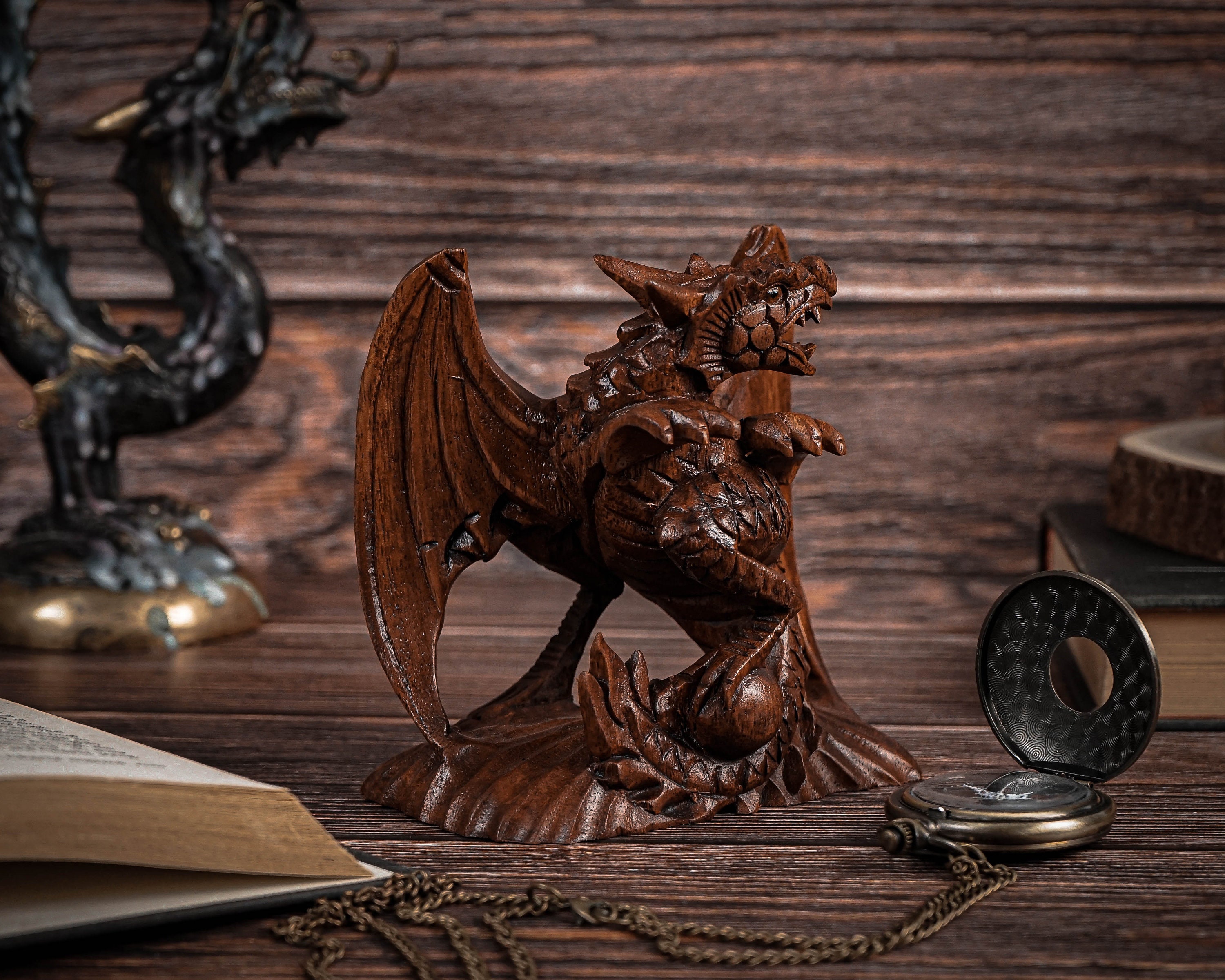 Small Dragon Statue 4.5, Mystical Animal, Wooden Dragon, Wood Carved ...